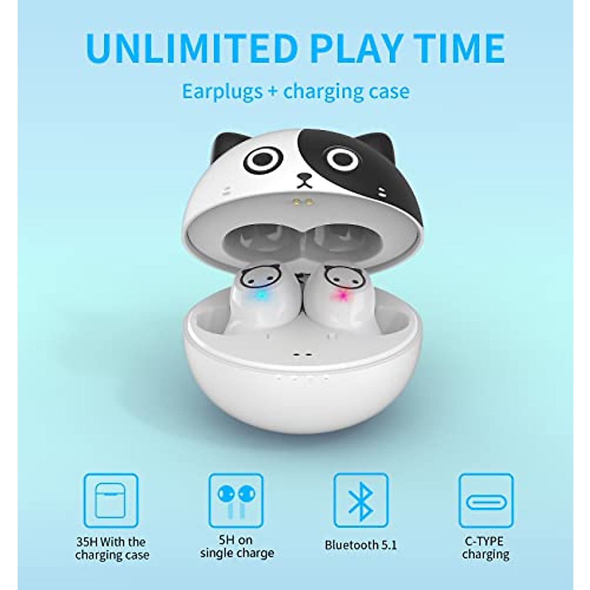 Togetface Kids Wireless Earbuds for Small Ears - Panda Bluetooth Headphones - with Mic and Noise Cancelling, is The Best Christmas, Halloween and Birthday Gift for Kids, Friends, Family and Adults.