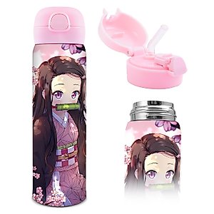 CNEISEJK Anime Slayer Water Bottle with Straw, Vacuum Insulated Kimetsu no Nezuko Tanjirou Cosplay Stainless Steel 16.9oz Cup Thermoses with Locking Cover Leak-Proof Design (WB-Douzi xg 2403), 500ML
