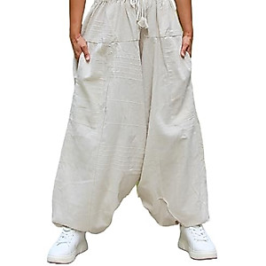 Women's Harem Pants 100% Cotton with Pockets,Jute Cotton, Maternity Loose Fit Bohemian Yoga Boho Hippie Colorful Harem Pants, Pure Soft Cotton Casual Fashion Women Travelling(White)