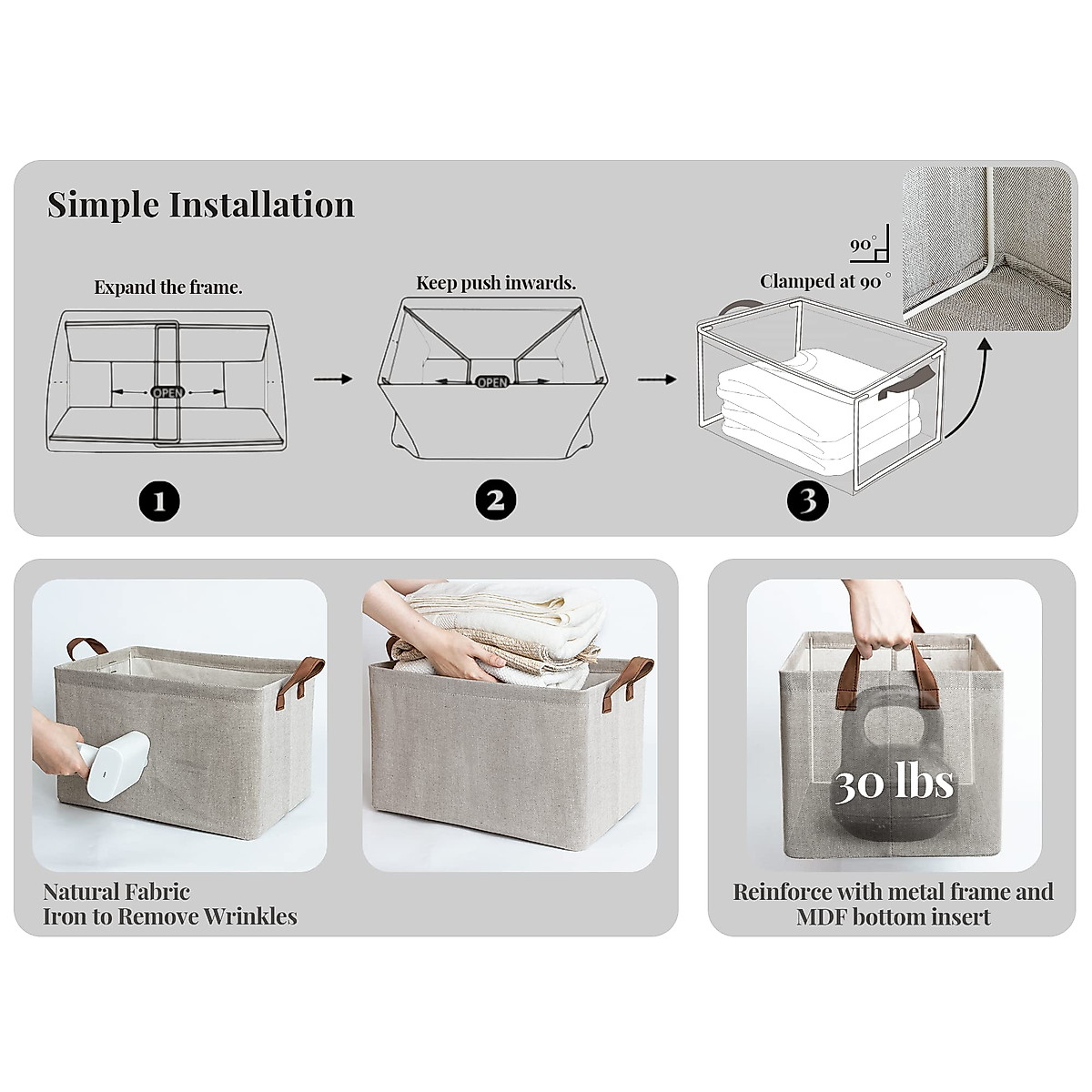 StorageWorks Storage Baskets for Shelves and Fabric Storage Box with PU Handles
