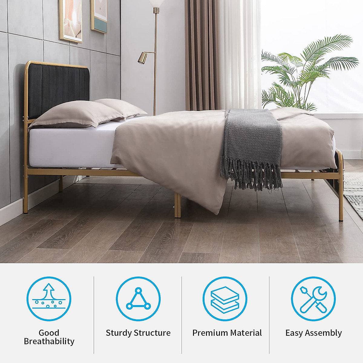 Mjkone California King Size Metal Platform Bed Frame with Dutch Velvet Headboard, Clearance Bed Frame Upholstered Headboard, Metal Strip Support, No Box Spring Needed, Black