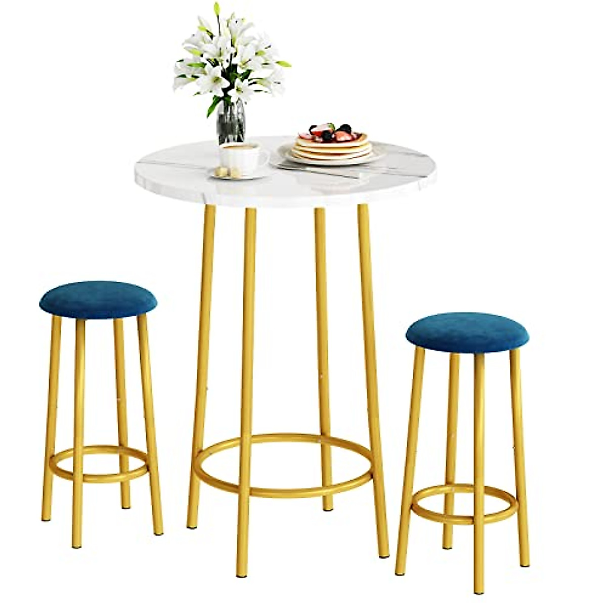 DKLGG 3 Piece Bar Table Set, Small Kitchen Table Set for 2, 24'' Round Pub Height Table Set with Faux Marble Table and 2 Stools Breakfast Nook Dining Table Set for Small Spaces, Dining Room, Blue