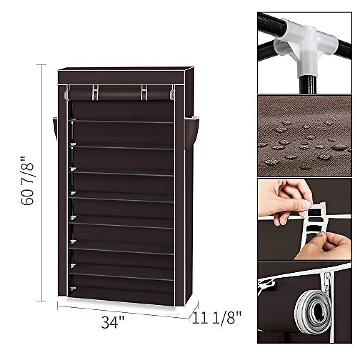 Trlec 10 Tiers Shoe Rack with Dustproof Cover Closet Shoe Storage Cabinet Organizer,for regular heels, sneakers or flats, Dark Brown