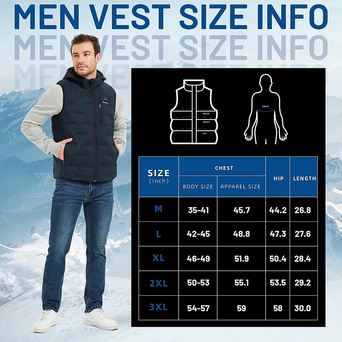 RenRon Versatile Heated Vest For Men - Detachable Heated Hood, With 7.4V 16000mAh Battery Pack, Lightweight Mens Heated Vest