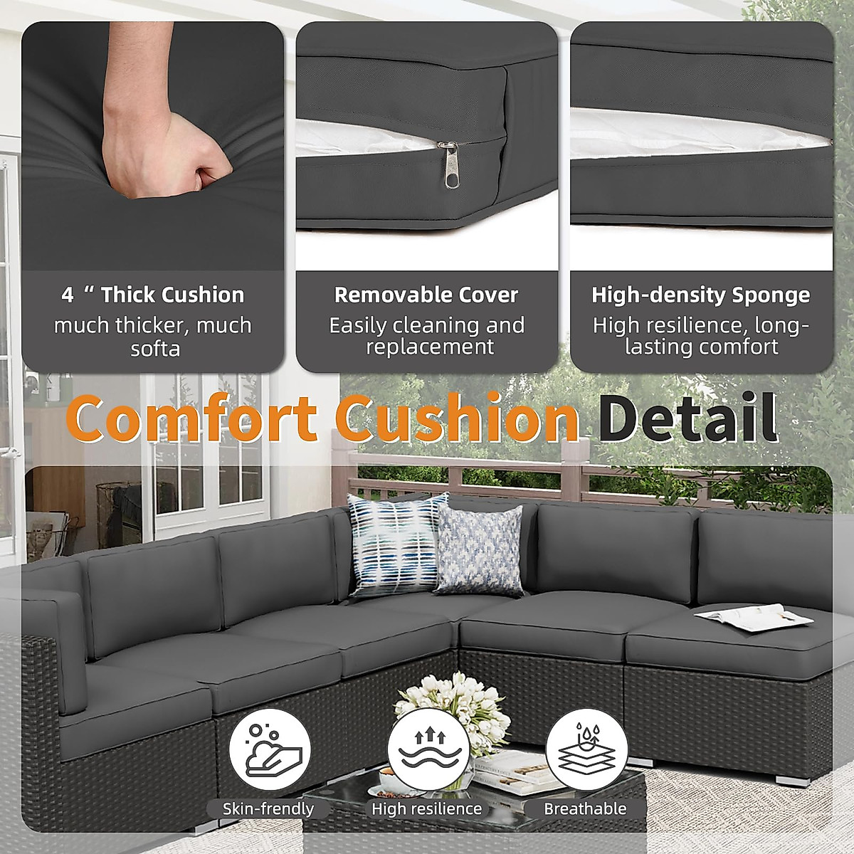 Oakcloud 7-Piece Outdoor Patio Furniture Sofa Set Black Rattan Wicker Sectional Conversation Sets with Glass Top Table and Cushions(Grey)