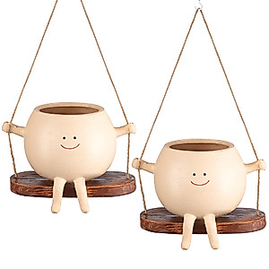 Domensi 2 Pcs Swing Hanging Planter Cute Planter Pots for Outdoor Plants Indoor Face Hanging Head Succulent Pots for String Resin Lovely Flower Pots Plant Hanger Indoor with Drainage Hole Gifts