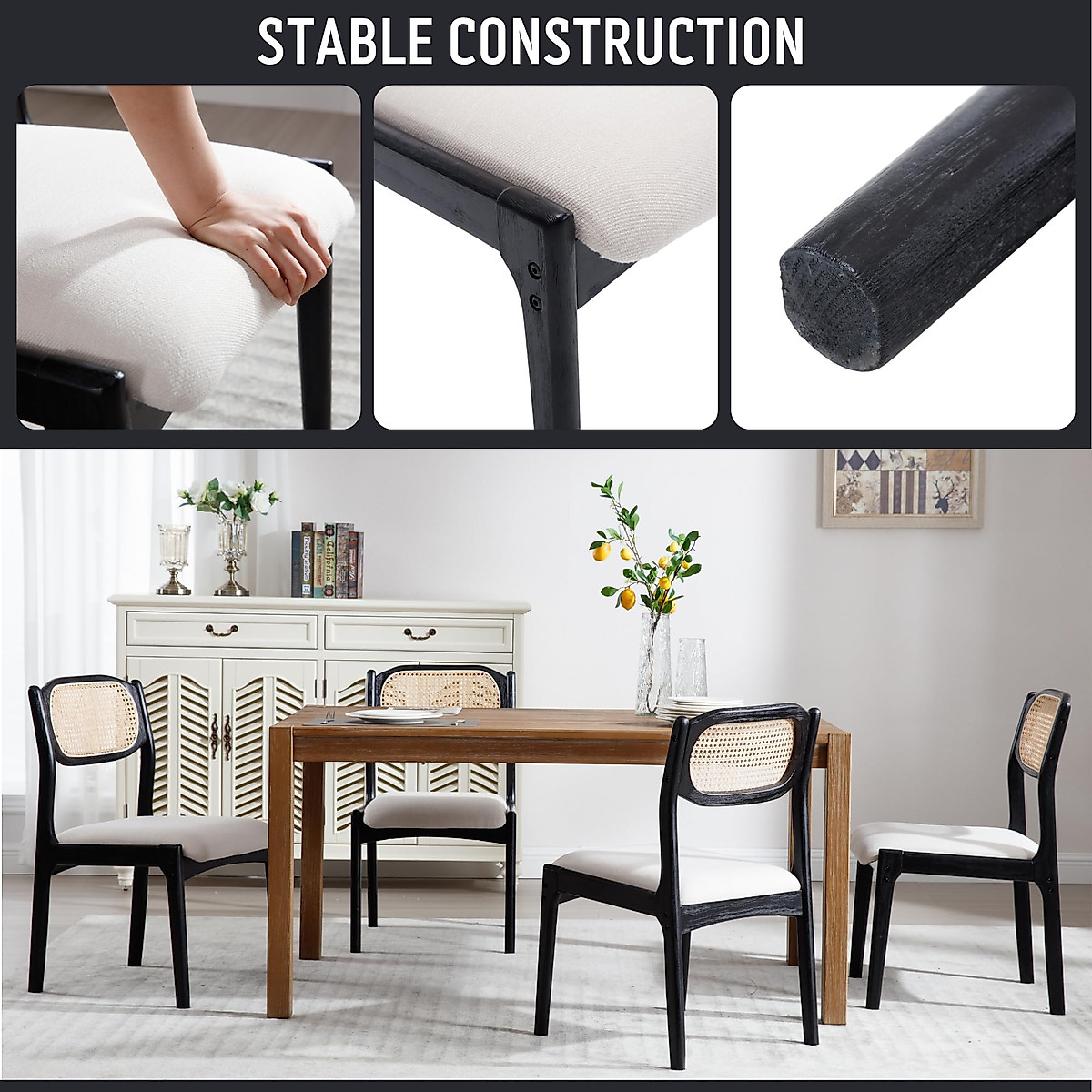 Shunzhi Modern Dining Chairs Set of 2 with Rattan Back and Black Wood Legs, Mid Century Cane Dining Room Chairs Farmhouse Upholstered Kitchen Chairs for Dining Room/Restaurants, White Linen