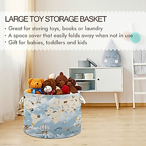 Extra Large Round Basket with Thick Thread Cotton Rope Handle - Animals Travel World Map Decor,Waterproof Canvas Blanket Clothes Laundry Basket Hamper,Nursery Kids Baby Toy Basket Home Organizing Stor