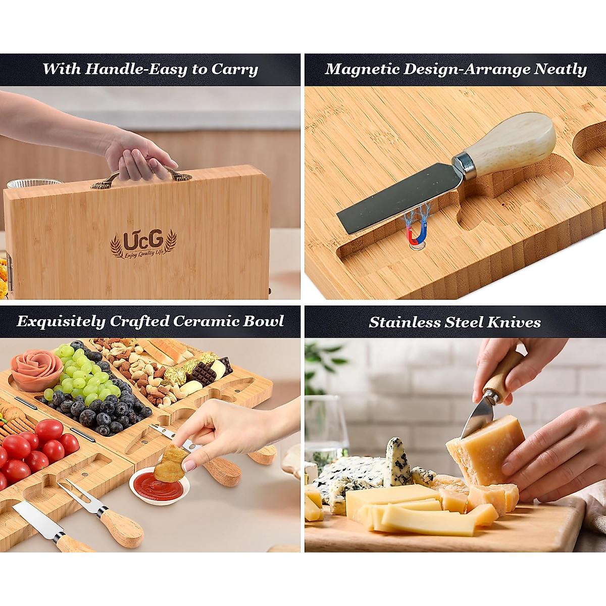 UTCG Bamboo Charcuterie Board Set - Large Folding Cheese Board with Knife Set - Unique White Elephant Gift, House Warming Gift, Wedding Gift - 22.8 x 11.4 Inches