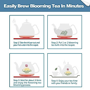 TETWIN Glass Teapot Including 2 Blooming Flower Tea Balls, Stovetop Safe Tea Pot with Removable Infuser for Blooming and Loose Leaf Tea, 1000ml / 33.8oz