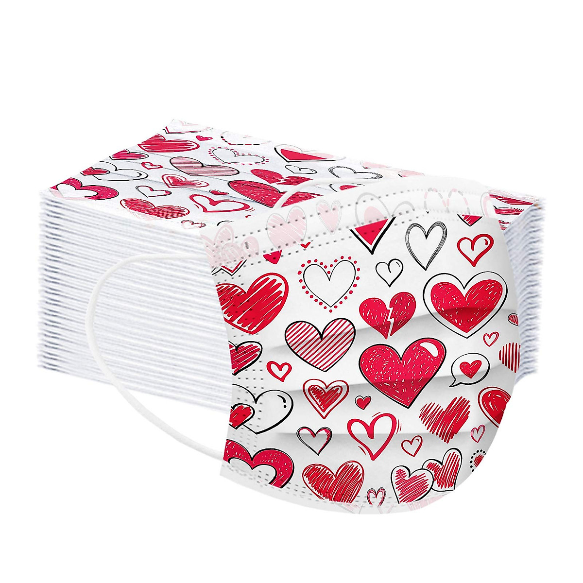 Wtosuhe 50PC Adults Valentines Day Disposable FaceMasks with Pink Black Love Heart Designs, 3-Ply Holiday_ Mask with Nose Wire for Women Men