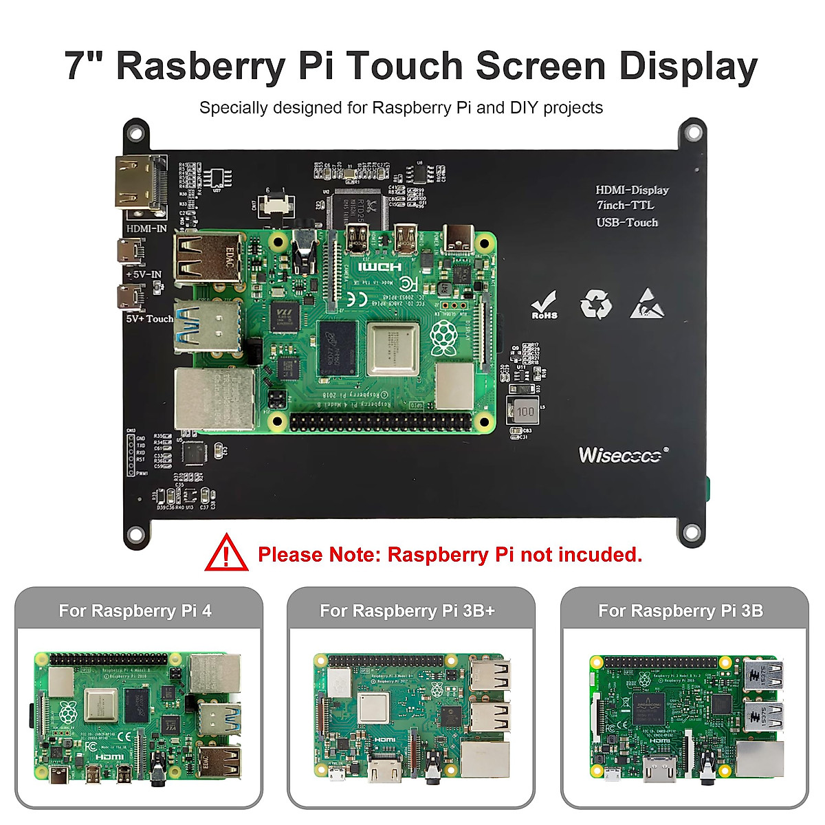 wisecoco 7 Inch Touchscreen Monitor for Raspberry Pi HDMI IPS 1024 x 600 Mini LCD Display for RPI Pi 5/4B/3B 2 Zero B B+ Windows Driver-Free