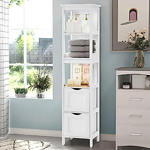 usikey 55.9" H Bathroom Storage Cabinet, Slim Tall Cabinet, Narrow Storage Cabinet with 2 Drawers & 3 Open Shelves, for Bathroom, Living Room, White
