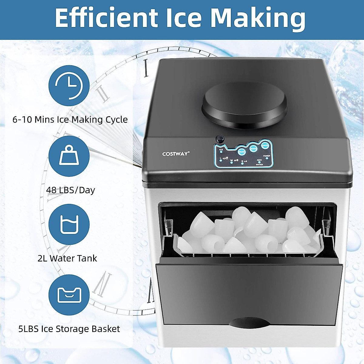 COSTWAY 2 in 1 Countertop Ice Maker Built-in Water Dispenser, 48LBS per Day, S/M/L Size Ice Cube, 5LBS Ice Storage Basket, Fast 6 Mins, Stainless Steel Ice Machine with Extendable Chilled Water Spout