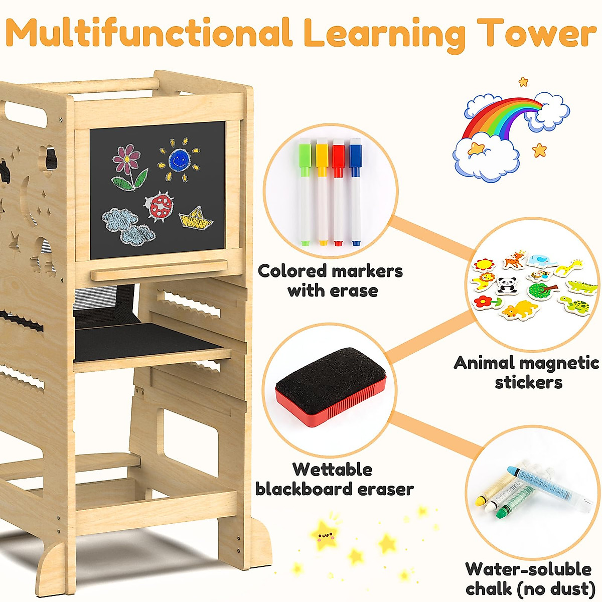 TOPBOYTOE Toddler Tower, Toddler Kitchen Stool Helper with Safety Rail, Natural Wood Kitchen Step Stool for Kids, Adjustable Height Montessori Learning Tower for Bathroom & Kitchen Counter