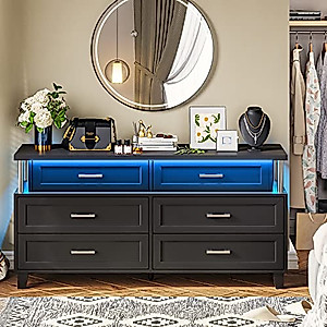 VIAGDO Dresser for Bedroom, 6 Drawer Dresser with LED Light, Modern Chest of Drawers, Wood Black Dresser for Living Room, Entryway and Hallway