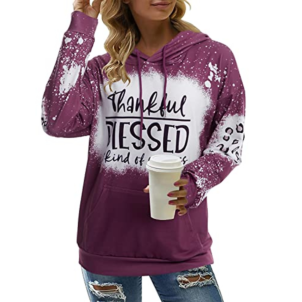 TAOHONG thankful blessed kind of a mess sweatshirts Purple Red