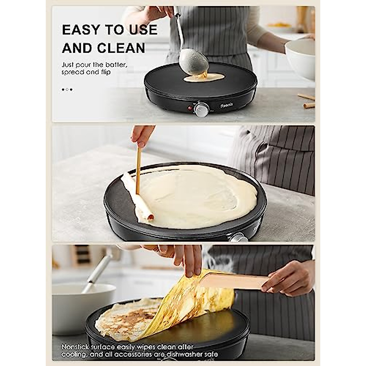 Crepe Maker Machine, Reemix Compact Pancake Griddle Precise Temperature Control, Nonstick 12” Electric Griddle, Batter Spreader for Eggs, Pancakes, Omelets and Quesadillas, Includes Spatula, Spreader