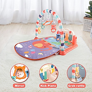 Baby Gym Play Mat, Kick and Play Piano Gym Mat for Infants, Tummy Time Mat Activity Center with Mirror for Newborn Toys 3-6-9 Months(Orange)