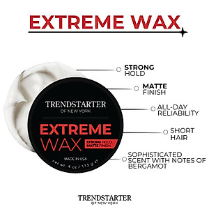 TRENDSTARTER Hair Wax - Extreme, 4oz - Matte Finish - Premium Water Based Flake-Free Hair Styling Pomade for All Hair Types - All-Day Strong Hold
