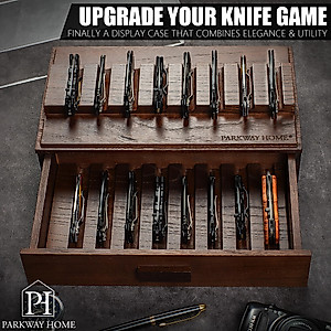 Pocket Knife Display Case for 16 Knives - Wooden Knife Collection Case Clear Cover - Two-Tier Knife Cases for Collections with a Removable Drawer Insert for Other EDC Items, EDC Case - Brown