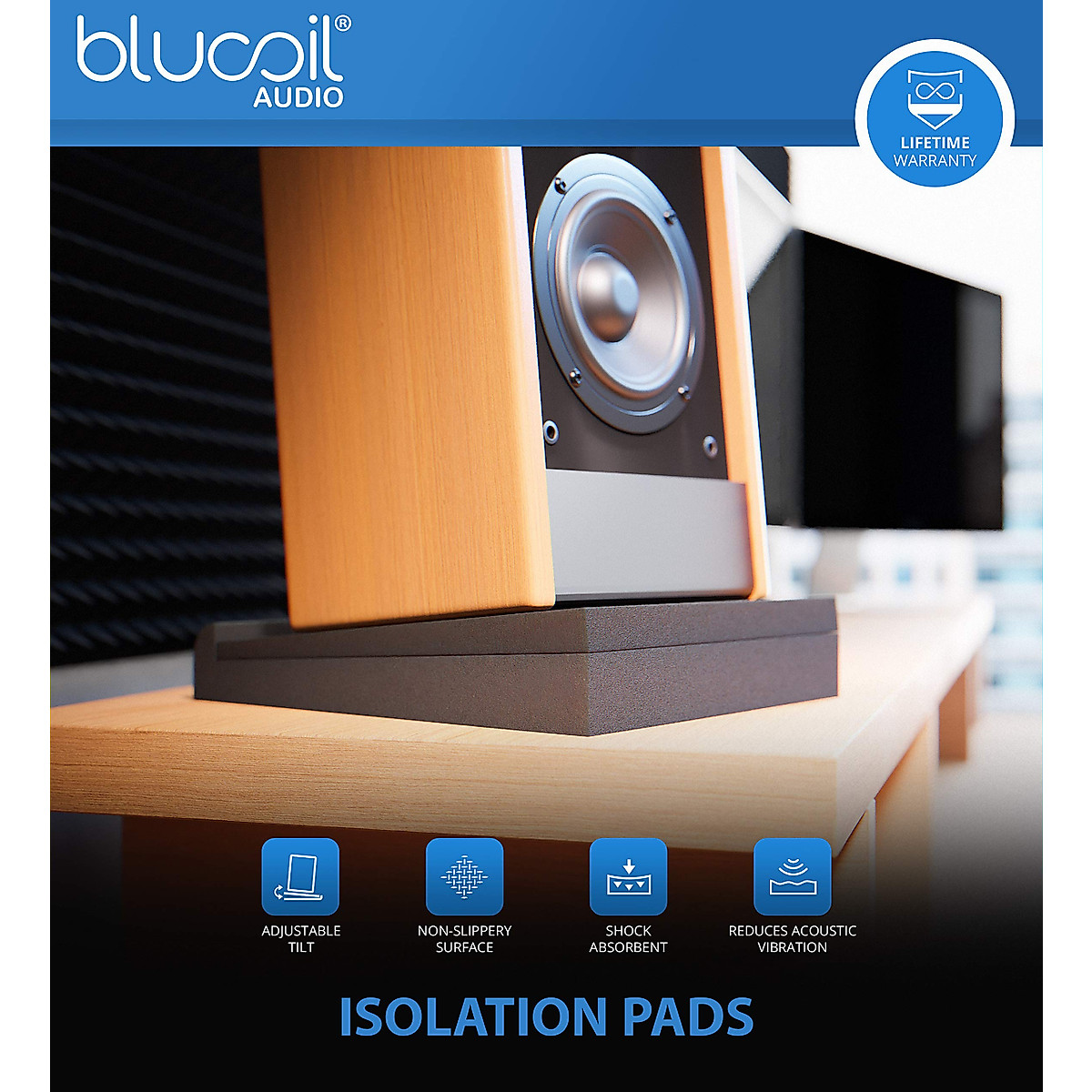 Samson MediaOne M30 3" Powered Studio Monitors with 3.5mm Outputs (Pair) Bundle with Blucoil Acoustic Isolation Pads (2-Pack), 12" Acoustic Wedges (4-Pack), and 5' Audio AUX Cable