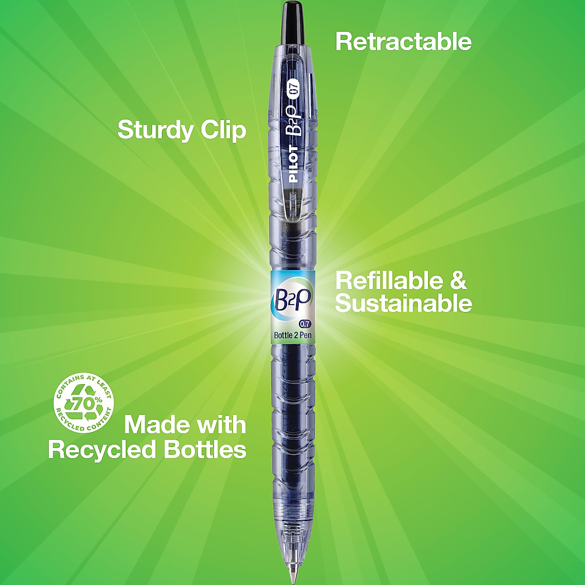 PILOT B2P - Bottle to Pen Refillable & Retractable Rolling Ball Gel Pen Made From Recycled Bottles, Fine Point, Black G2 Ink, 12-Pack (31600)