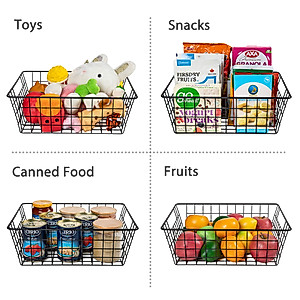 Wire Storage Baskets for Organizing, Vtopmart 4 Pack Metal Wire Freezer Organizer Bins with Handles, Large Pantry Baskets for Kitchen Cabinets, Bathroom, Laundry, Garage, Black