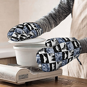 Silicone Oven Mitts Wolf Heat Resistant Soft Cotton Lining Kitchen Gloves Set of 2 Non-Slip Reusable Pot Holder for Microwave BBQ Cooking Baking Grilling