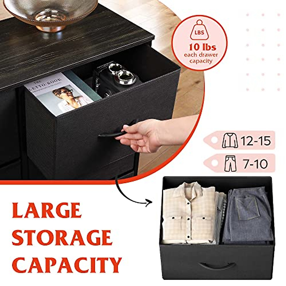 WLIVE 10-Drawer Dresser, Fabric Storage Tower for Bedroom, Hallway, Nursery, Closets, Tall Chest Organizer Unit with Textured Print Bins, Steel Frame, Wood Top, Easy Pull Handle, Charcoal Black