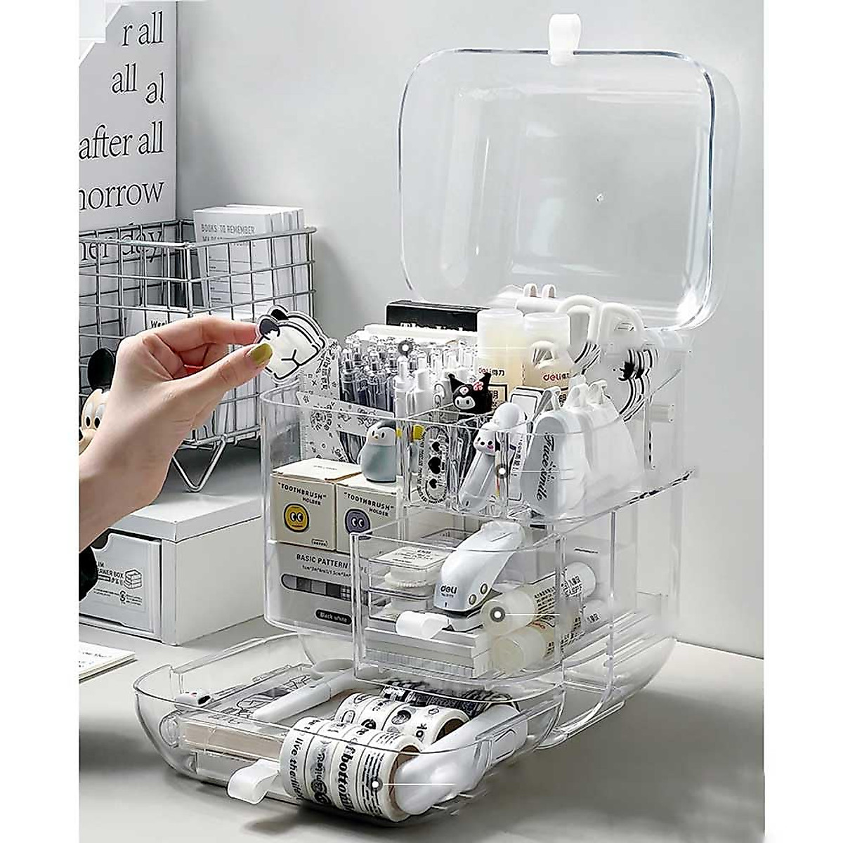 WEAREZ Multifunctional Desktop Pen Organizer,Acrylic Table Organiser With Drawer,Multifunctional Desk Organiser With Cover,Pen Holder For School,Office,Home