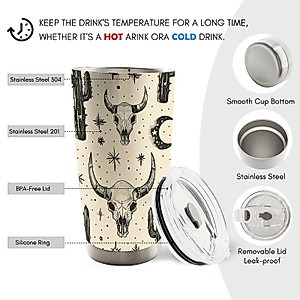 MOTERMATE Western Cow Skull 20oz Travel Coffee Mug Tumbler, Western Gifts for Women Coworker Him, Cowgirl Gifts, Desert Water Stainless Steel Tumbler with Lid and Straw