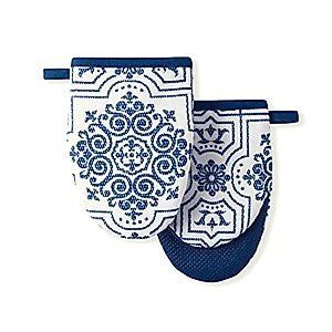 Martha Stewart Strie Medallion Mini Oven Mitt 2-Pack Set, Navy Blue, 5.5"X8"