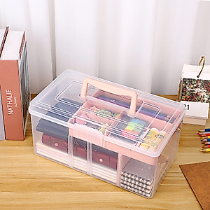 BTSKY 2 Layer Clear Plastic Dividing Storage Box with Removable Tray Multipurpose Stationery Storage Box with Handle Portable Sewing Box Art Craft Supply Organizer Home Utility Box (Big Pink)