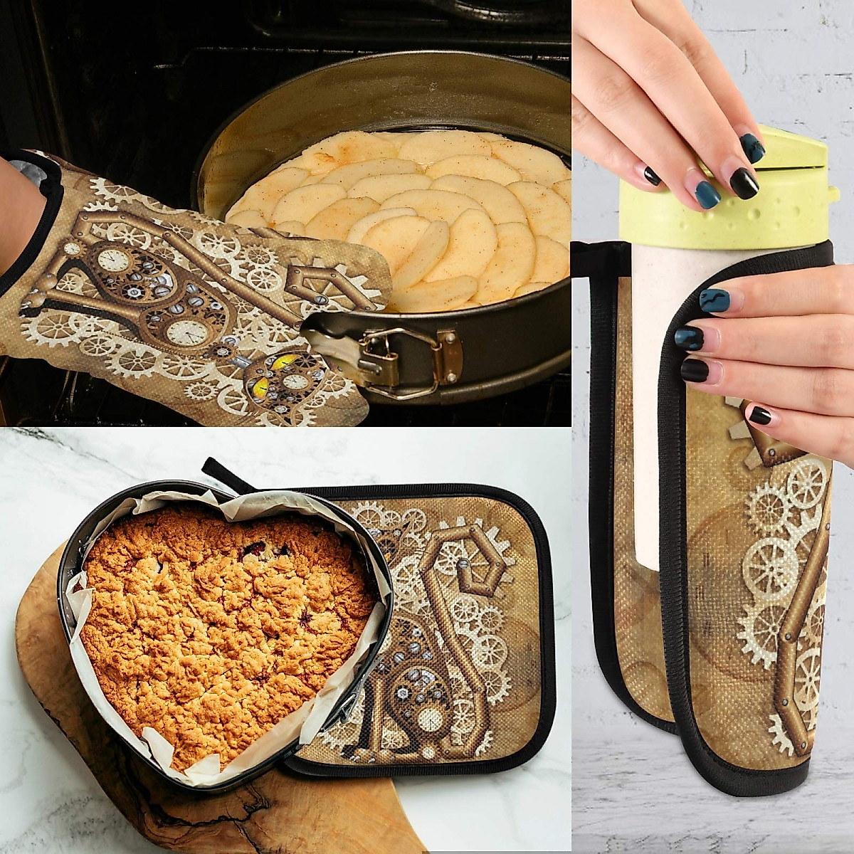 Aslsiy Steampunk Cat Oven Mitts Pot Holders Vintage Style Kittens Oven Glove Hot Pads Cooking Kitchen Heat Resistant Hot Pads for Microwave BBQ Baking Grilling Gifts