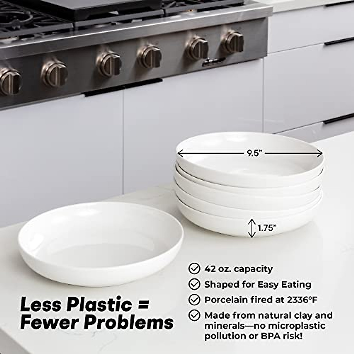 FAMHH 42 Oz Porcelain Large Pasta Bowl Set – Wide & Shallow for Salad Bowls, Soup Bowls, Pasta Bowls – 9.5x1.75 In. Ceramic Bowls Dish Set of 6 – Dishwasher & Microwave Safe Dinnerware Sets