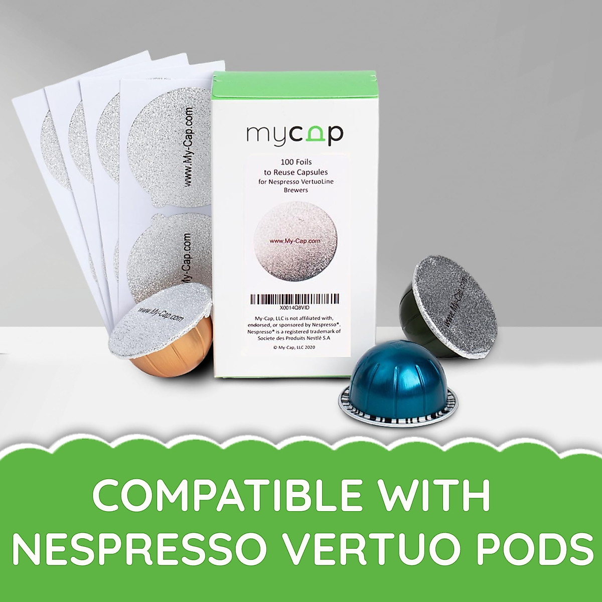 My-Cap 100 Foil Seals for Nespresso Vertuo Pods - Foil Lids to Reuse Nespresso VertuoLine Capsules - Aluminum Lids Seals Foil - Reuse your Nespresso Coffee Capsules (Pack of 100)