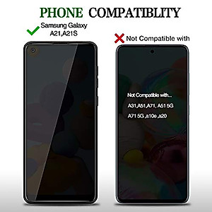 [2 Pack] for Samsung Galaxy A21/A21S Privacy Screen Protector, [Full Coverage] Anti Spy HD Clarity 9H Tempered Glass Screen Protector, Scratch Resistant, Bubble Free, Easy Insall, Case Friendly (6.5 Inch)