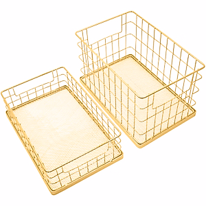 Set of 2 Stackable 10" Metal Wire Storage Basket Bins With Handles (Gold Woven Mesh Base)