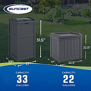 Suncast 22-Gallon Outdoor Patio Backyard Deck Box Storage Bench and 30-Gallon Hideaway Trash Waste Bin with Latching Lid, Cyberspace