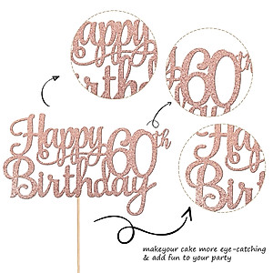 1 PCS Happy 60th Birthday Cake Topper Glitter Cheers to 60 Years Birthday Cake Pick 60 Fabulous Cake Decoration for Happy 60th Birthday Anniversary Party Decorations Supplies Rose Gold
