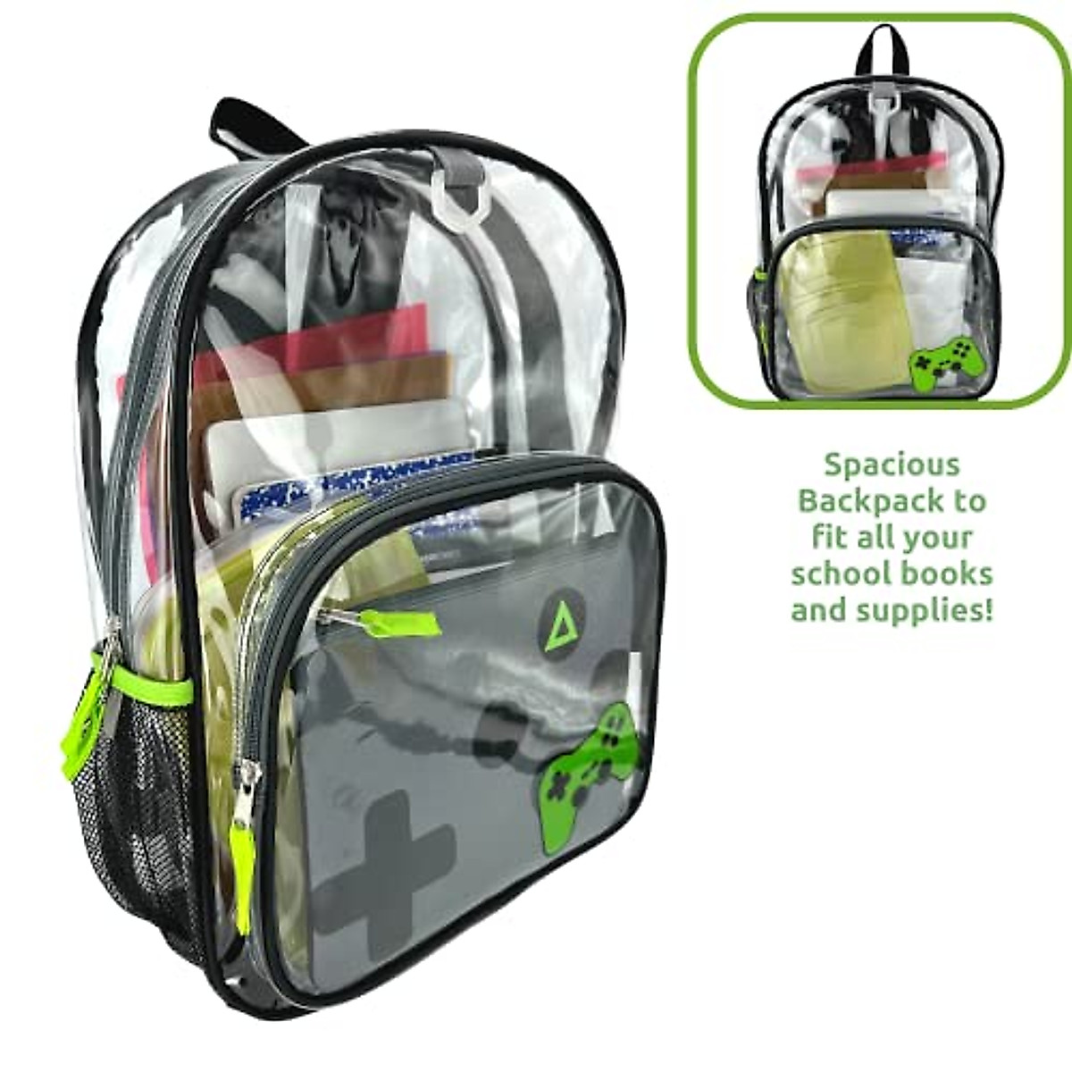 RALME Boys Clear Backpack for School, 16 inch Stadium Approved Transparent Bag with Matching Gaming Pencil Pouch, 3 Piece Set