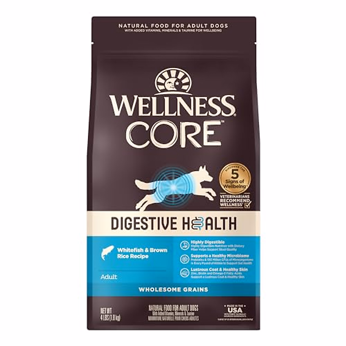 Wellness CORE Digestive Health Dry Dog Food with Wholesome Grains, Highly Digestible, for Dogs with Sensitive Stomachs, Made in USA with Real Protein (Whitefish & Brown Rice, 4-Pound Bag)