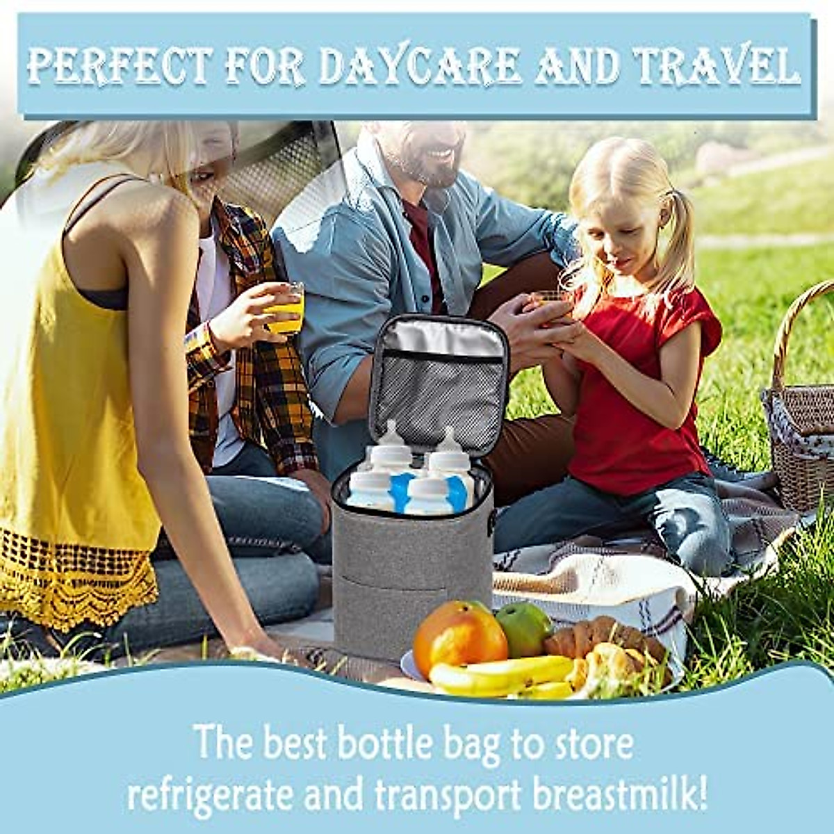 Breast Milk Cooler Bag with Ice Pack Reusable Storage Bags, Fit 4 Baby Bottles, Insulated Baby Bottle Cooler Bag Suitable for Nursing Mom Daycare, Waterproof with Zipper Pocket, Grey