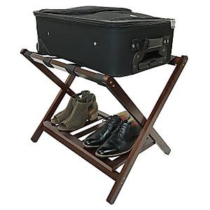 Wholesale Hotel Products Wooden Luggage Rack for Guest Room with Shoe Shelf - Fully Assembled Luggage Stand with Storage Shelf Foldable, Solid Wood Walnut -