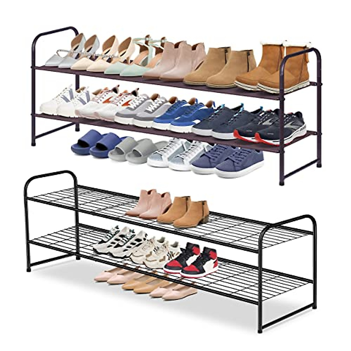 AOODA Long 2 Tier Shoe Rack for Closet Wide Low Shoe Shelf, 2 Tier Long Metal Shoe Rack for Closet, 2 Item Bundle