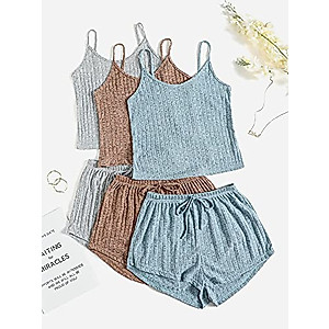SheIn Women's 3 Sets Rib Knit Lounge Set Crop Cami Top and Tie Front Shorts Sleepwear Pajama Set Multicoloured Medium