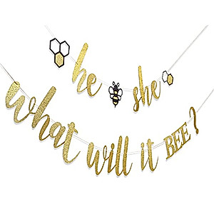He She What Will It Bee - Golden Glitter Party Banner Decorations, Bee Gender Reveal Banner, Bee Theme Baby Shower, Baby Shower Shower Banner，golden Glitter Banner
