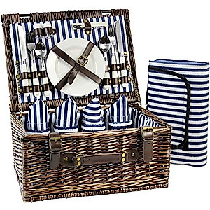 Wicker Picnic Basket for 4 with Soft Picnic Blanket, Picnic Set for 4 with Beach Mat, Willow Hamper Service Gift Set for Camping and Outdoor Party Best Gifts