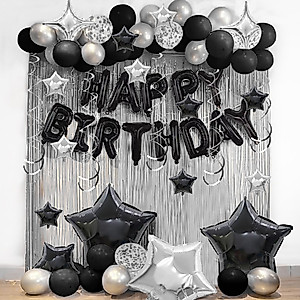 56 PCS Happy Birthday Balloons Happy Birthday Banner Silver and Black Balloons for Boys Men Girls Women 16th 18th 20th 21st 25th 30th 40th 50th 60th Birthday Party Decorations (Black)